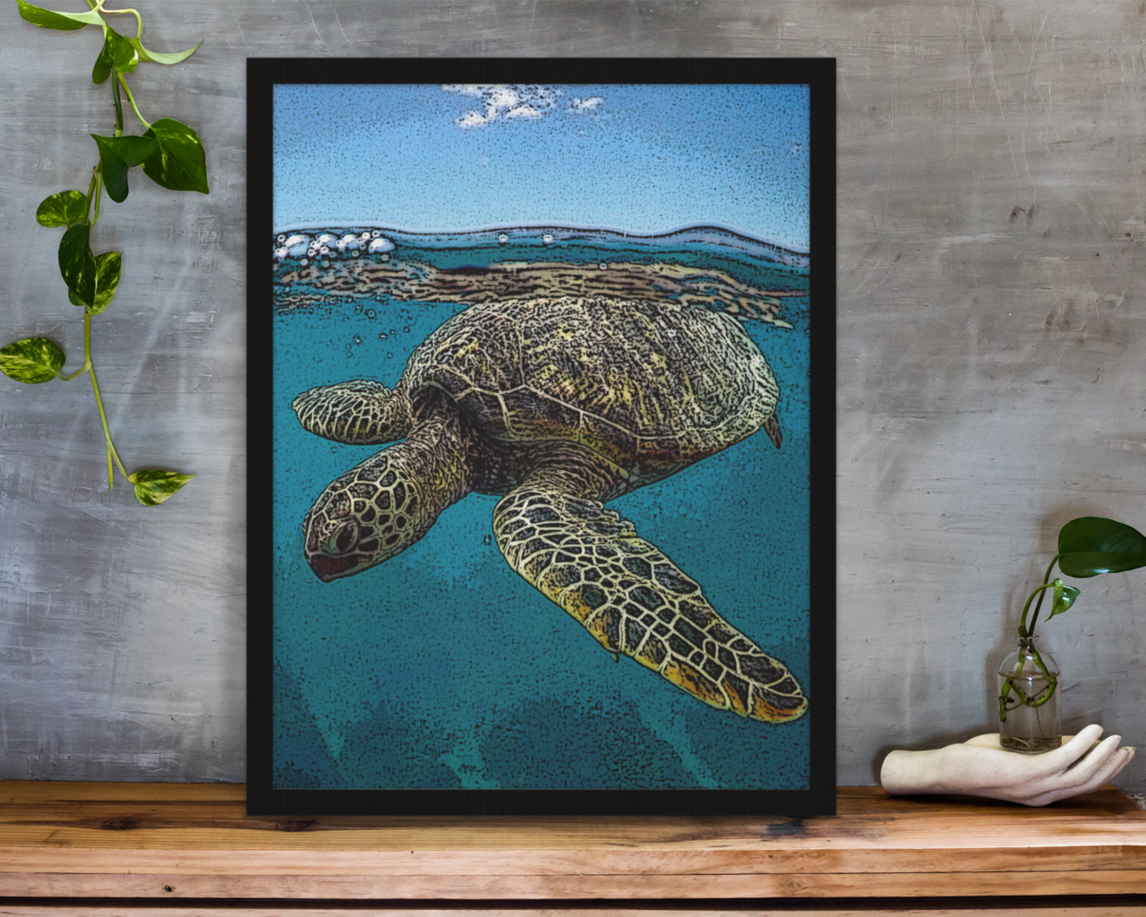 Sea Turtle in Water Watercolor & Ink Design Vertical Art Print | Shop ...